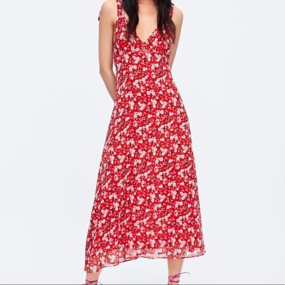 Zara | Dresses | Zara Maxi Red Floral Dress | Poshmark